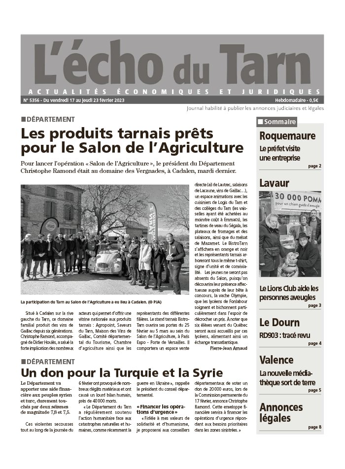 L'Echo du Tarn N°5356 du 17 février 2023 à télécharger sur iPad