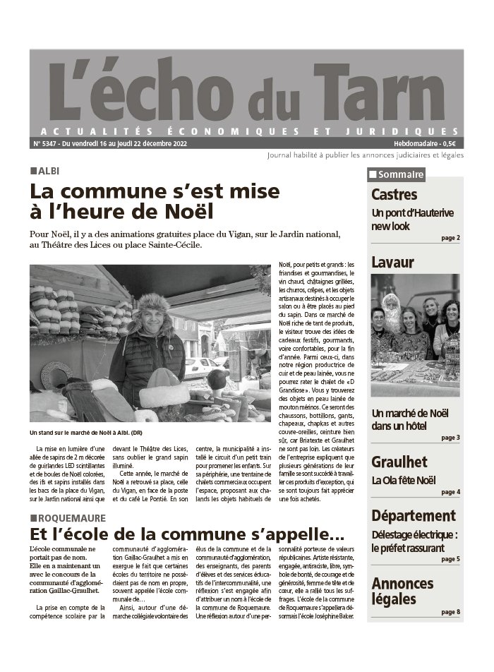 L'Echo du Tarn N°5347 du 16 décembre 2022 à télécharger sur iPad