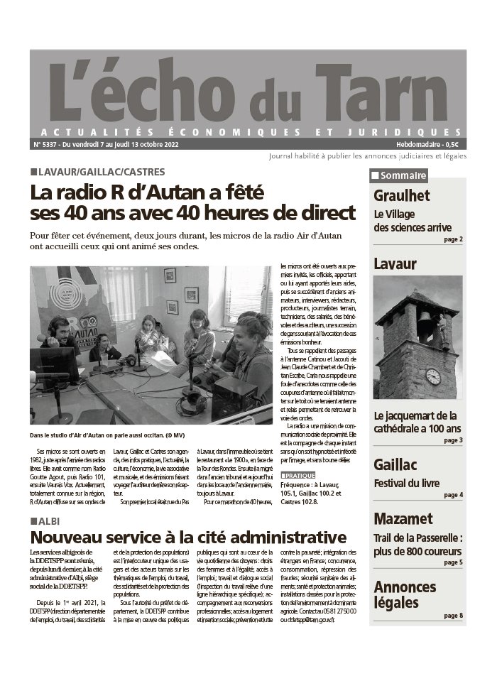L'Echo du Tarn N°5337 du 07 octobre 2022 à télécharger sur iPad