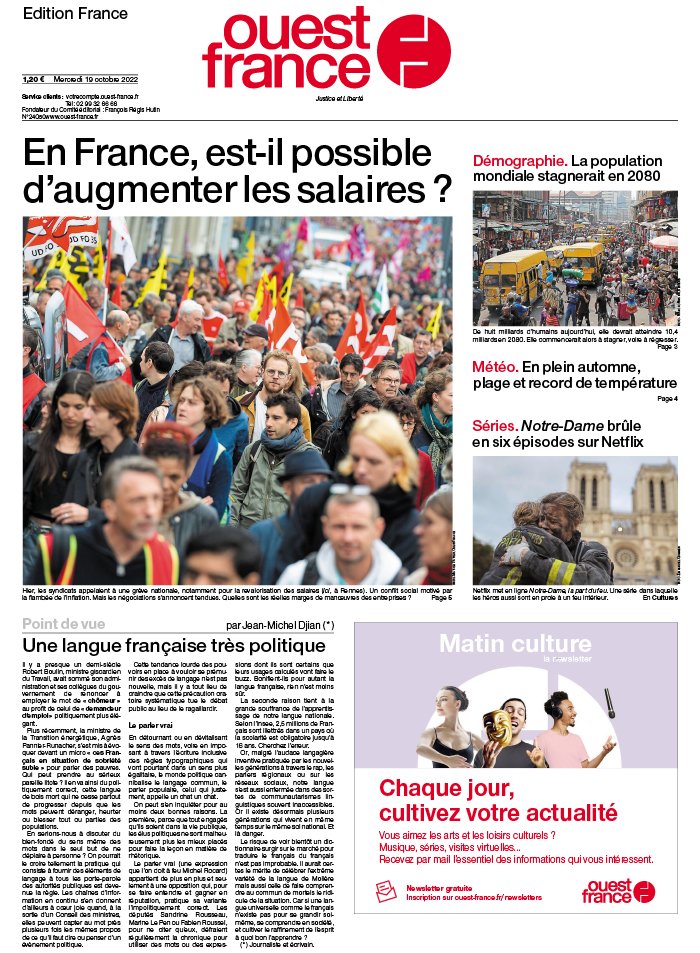 Lisez Ouest-France édition France du 19 octobre 2022 sur ePresse.fr Lisez Ouest-France édition France du 19 octobre 2022 sur ePresse.fr