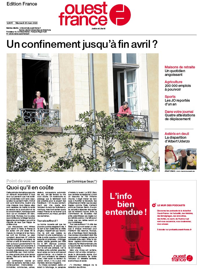Ouest-France édition France N°20200325 du 25 mars 2020 à télécharger ... Ouest-France édition France N°20200325 du 25 mars 2020 à télécharger ...