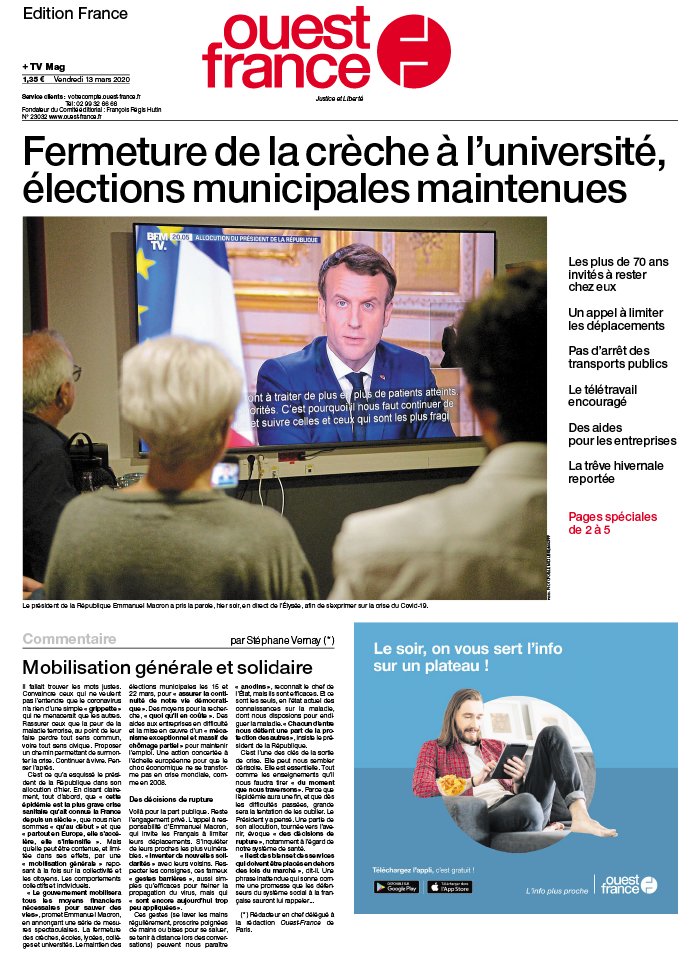 Ouest-France édition France N°20200313 du 13 mars 2020 à télécharger ... Ouest-France édition France N°20200313 du 13 mars 2020 à télécharger ...