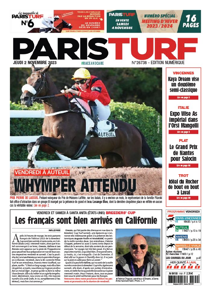 Paris Turf N°26738 du 02 novembre 2023 à télécharger sur iPad