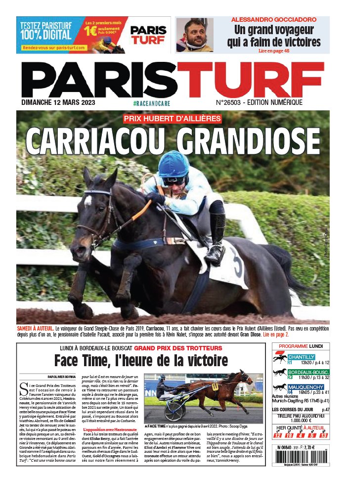 Paris Turf N°26503 du 12 mars 2023 à télécharger sur iPad