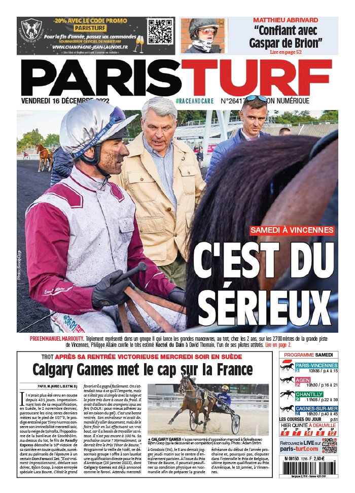 Paris Turf N°26417 du 16 décembre 2022 à télécharger sur iPad