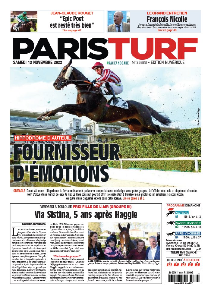 Paris Turf N°26383 du 12 novembre 2022 à télécharger sur iPad