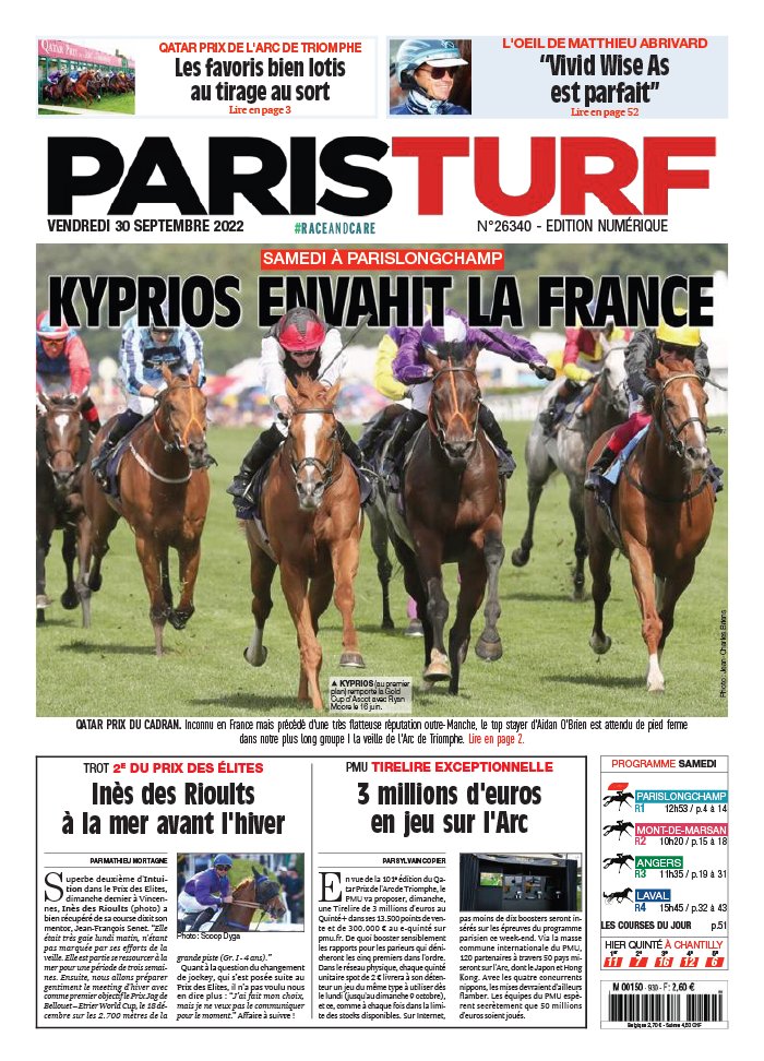 Paris Turf N°26340 du 30 septembre 2022 à télécharger sur iPad