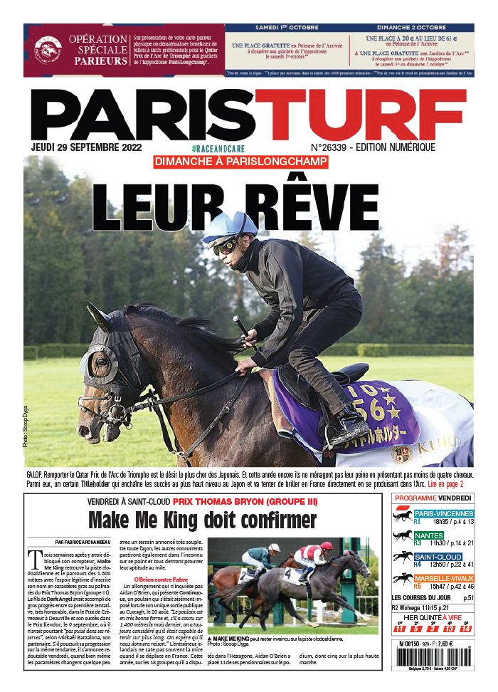 Paris Turf N°26339 du 29 septembre 2022 à télécharger sur iPad