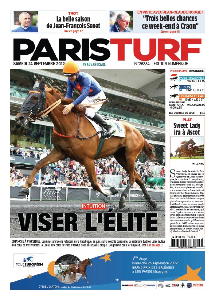 Paris Turf N°26334 du 24 septembre 2022 à télécharger sur iPad