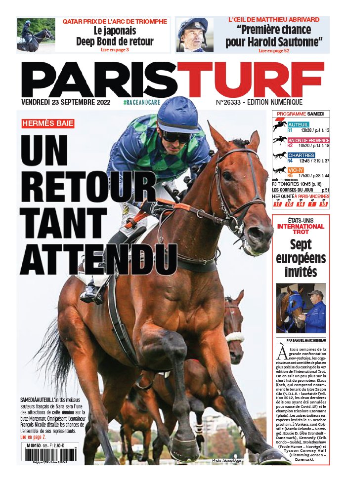 Paris Turf N°26333 du 23 septembre 2022 à télécharger sur iPad