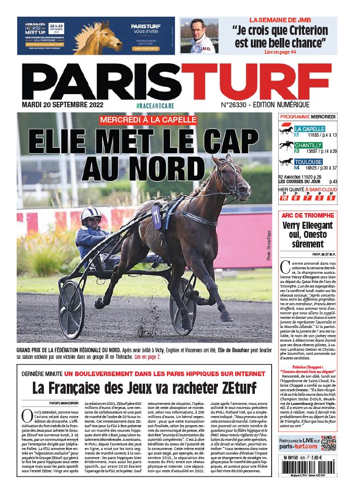 Paris Turf N°26330 du 20 septembre 2022 à télécharger sur iPad