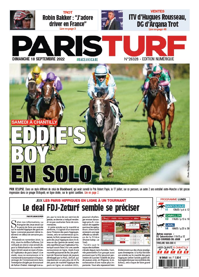 Paris Turf N°26328 du 18 septembre 2022 à télécharger sur iPad