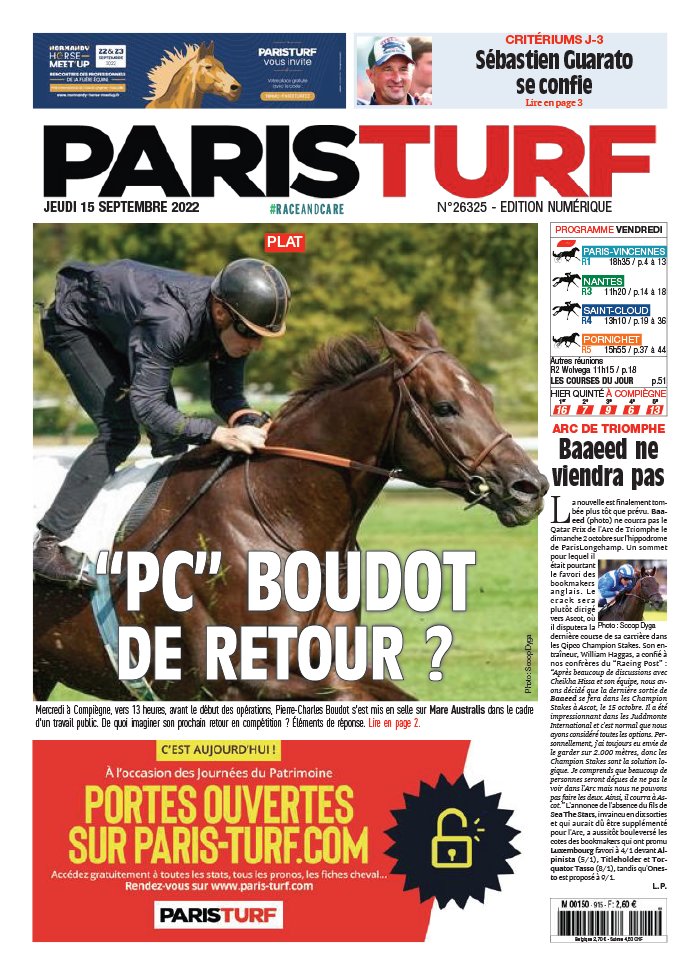 Paris Turf N°26325 du 15 septembre 2022 à télécharger sur iPad