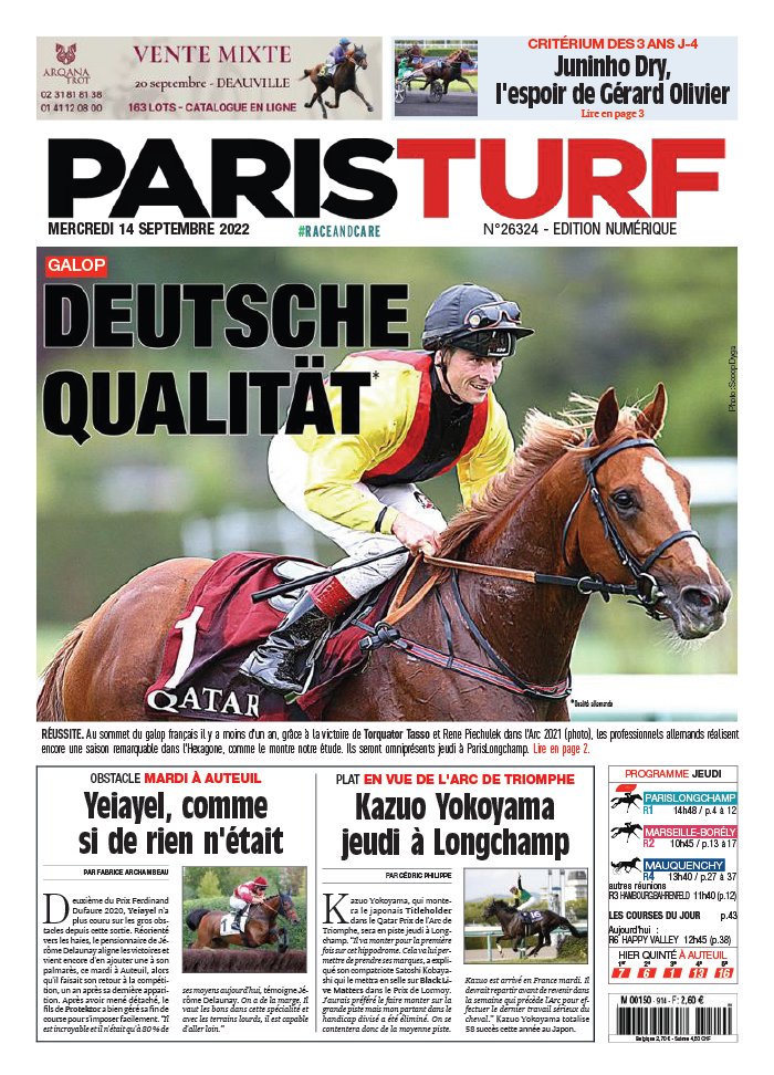 Paris Turf N°26324 du 14 septembre 2022 à télécharger sur iPad