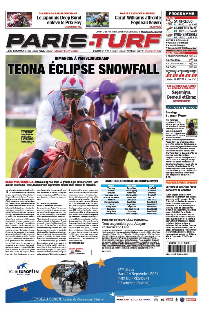 Paris Turf N°25958 du 13 septembre 2021 à télécharger sur iPad