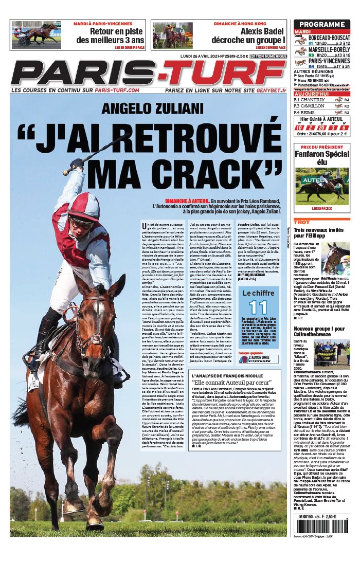 Paris Turf N°25819 du 26 avril 2021 à télécharger sur iPad