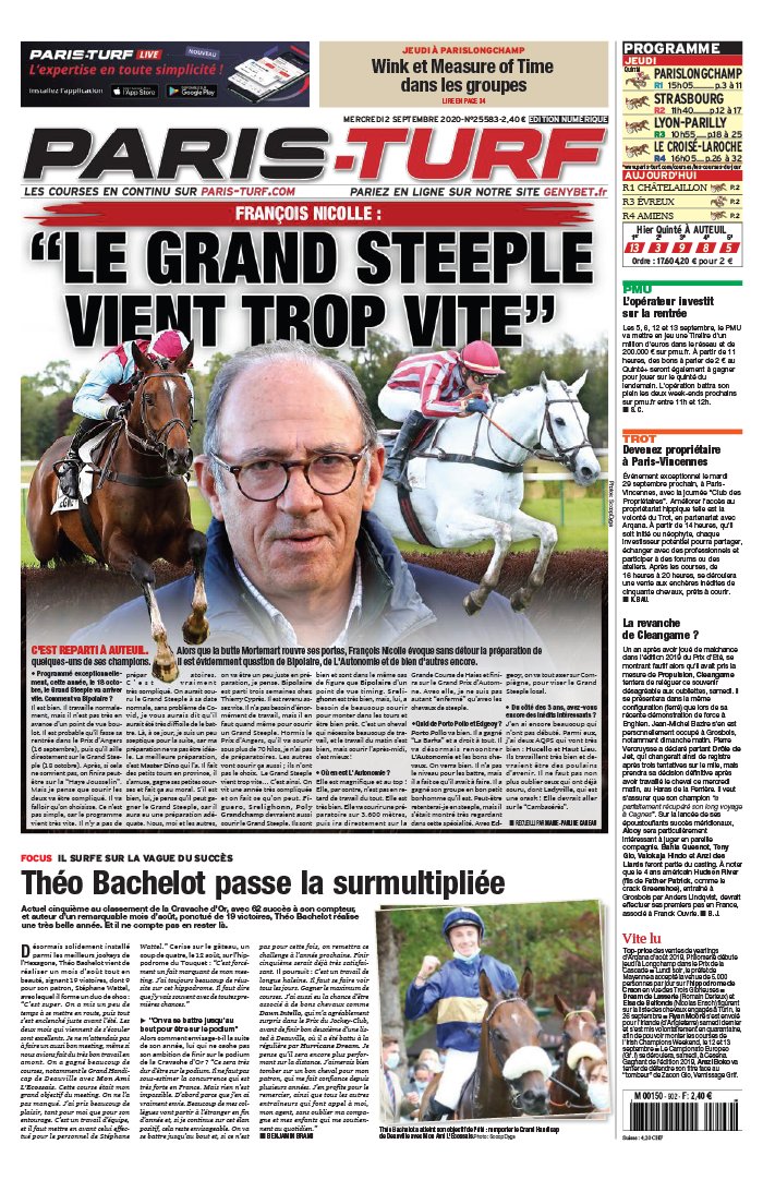 Paris Turf N°25583 du 02 septembre 2020 à télécharger sur iPad