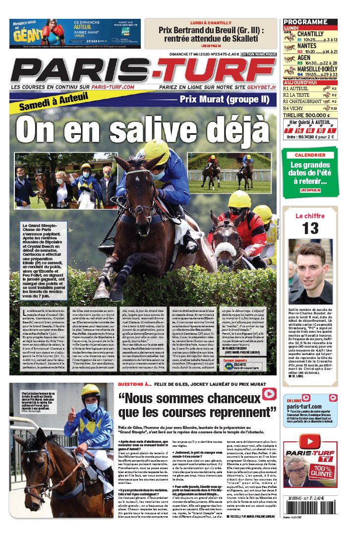 Paris Turf N°25475 du 17 mai 2020 à télécharger sur iPad