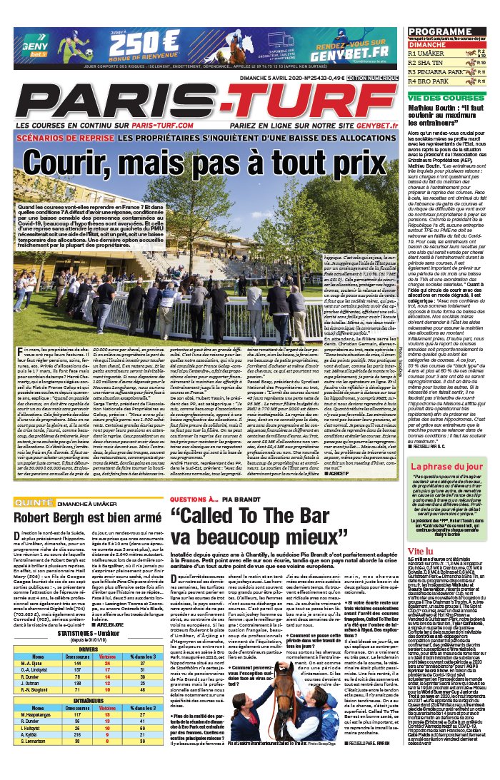 Paris Turf N°25433 du 05 avril 2020 à télécharger sur iPad