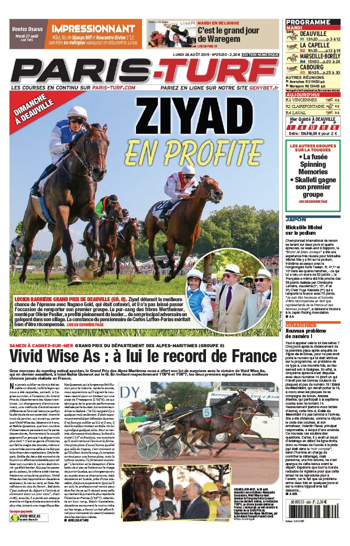 Paris Turf N°25210 du 26 août 2019 à télécharger sur iPad