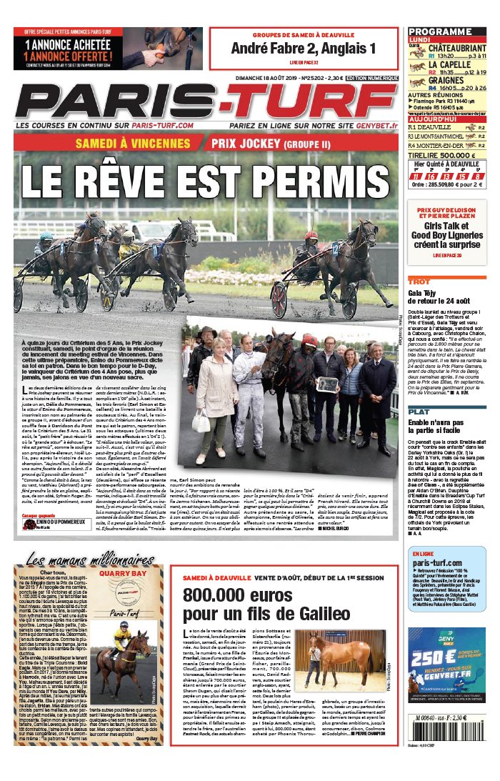 Paris Turf N°25202 du 18 août 2019 à télécharger sur iPad