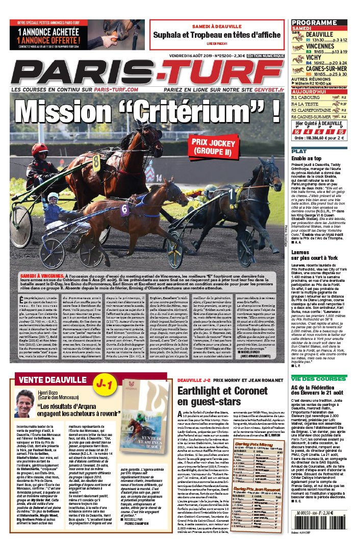 Paris Turf N°25200 du 16 août 2019 à télécharger sur iPad