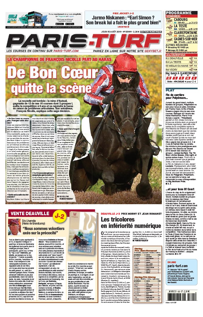 Paris Turf N°25199 du 15 août 2019 à télécharger sur iPad
