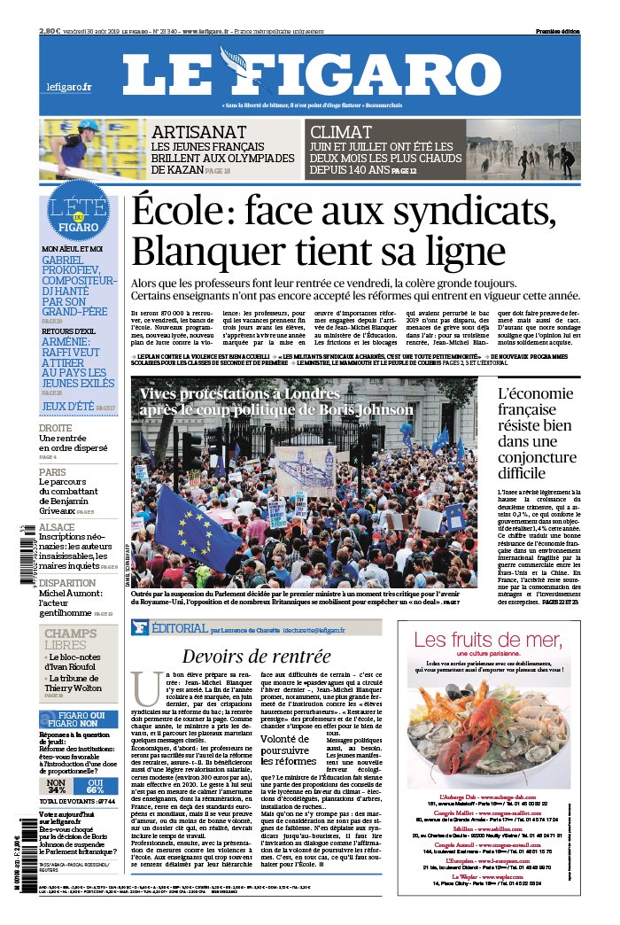 Le Figaro N°23340 du 30 août 2019 à télécharger sur iPad