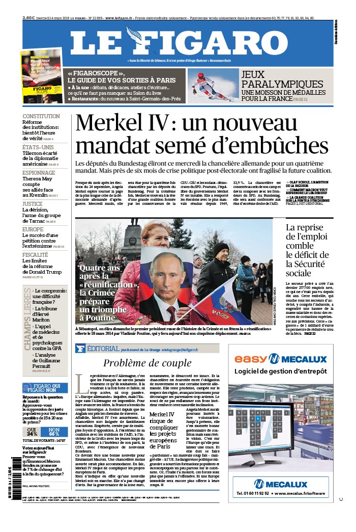 Le Figaro N°22888 du 14 mars 2018 à télécharger sur iPad