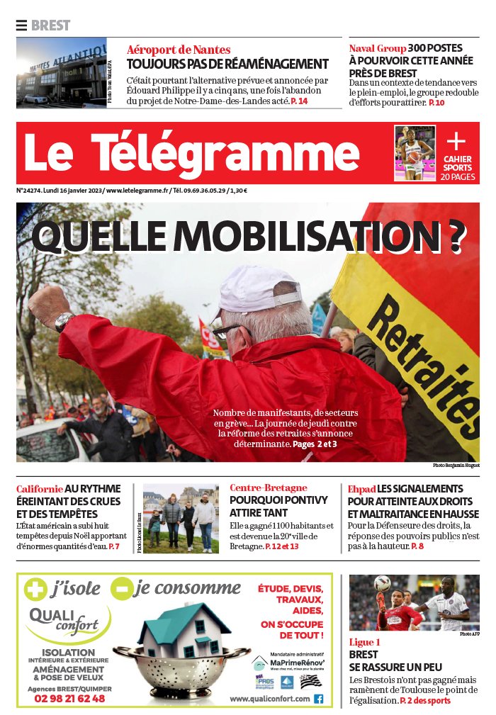 Le Télégramme N°20230116 du 16 janvier 2023 à télécharger sur iPad