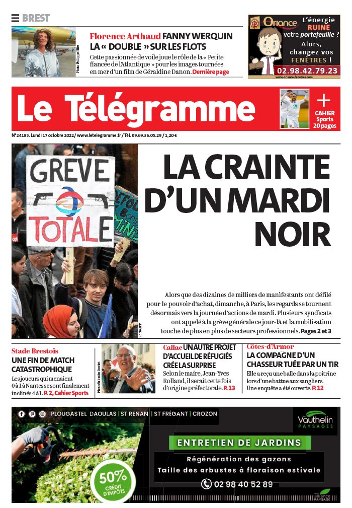 Le Télégramme N°20221017 du 17 octobre 2022 à télécharger sur iPad