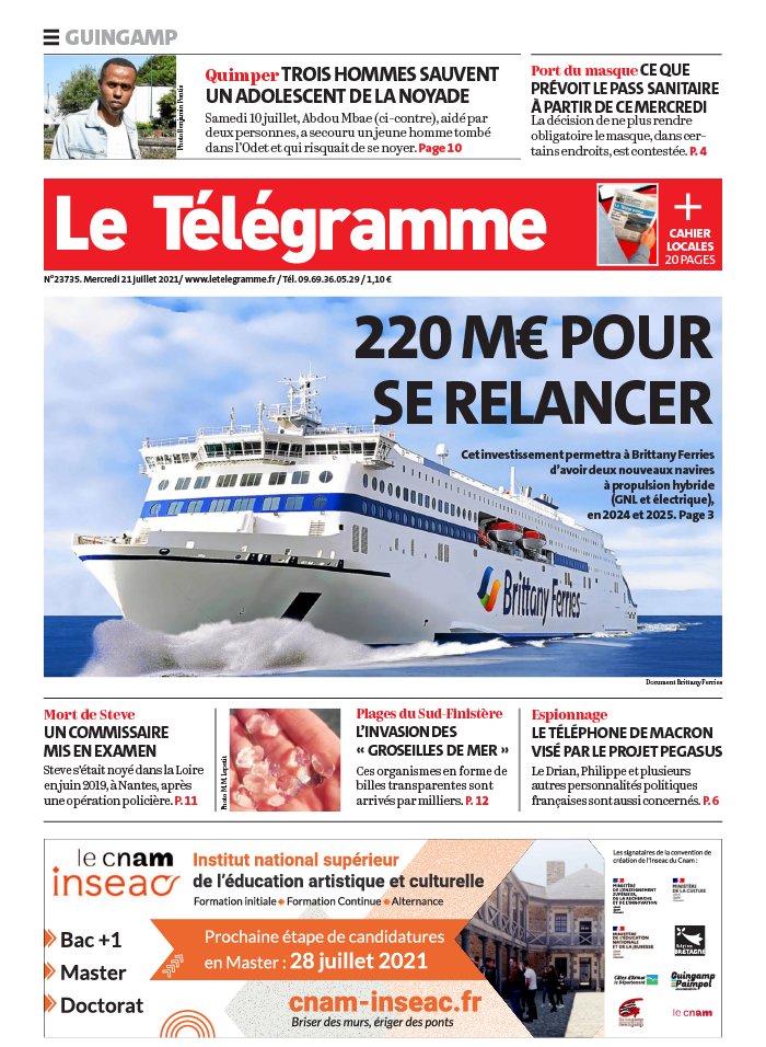 Le Télégramme N°20210721 du 21 juillet 2021 à télécharger sur iPad