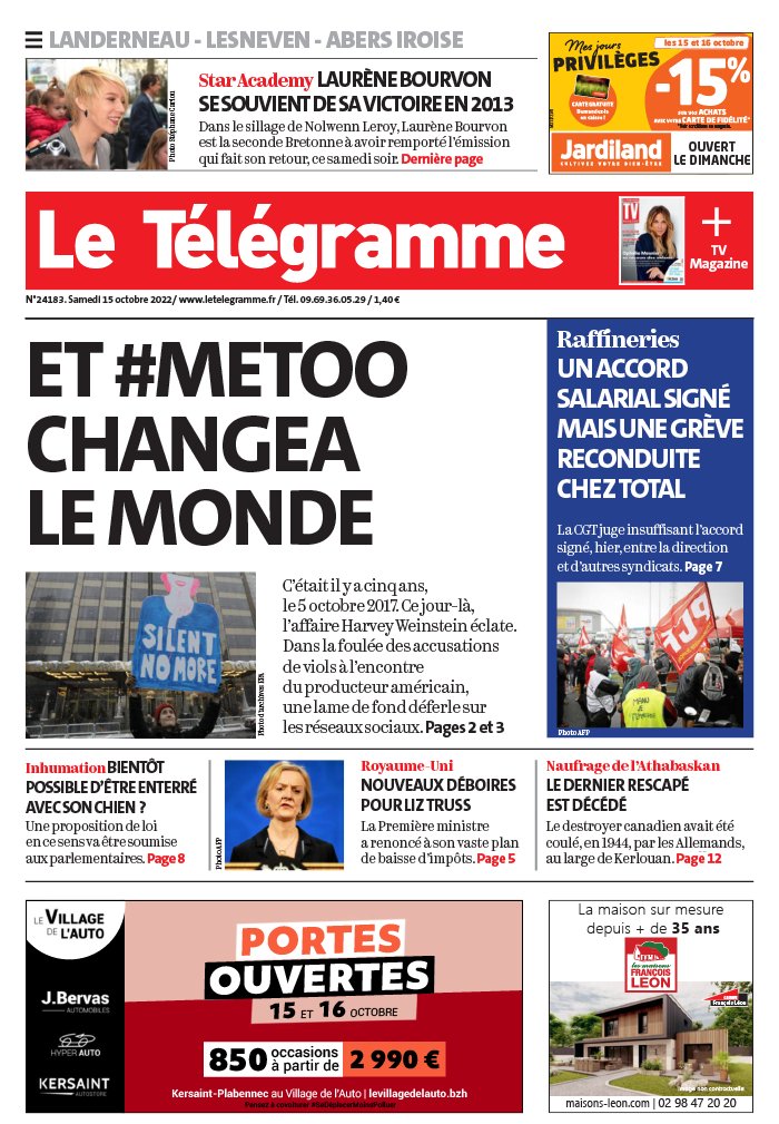 Le Télégramme N°20221015 du 15 octobre 2022 à télécharger sur iPad