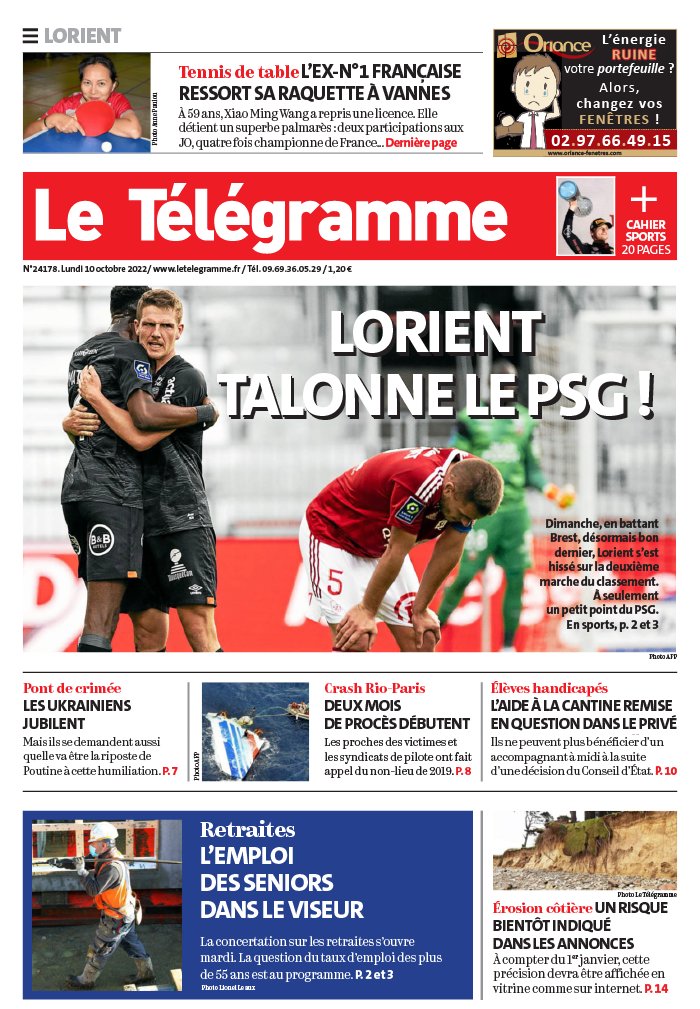 Le Télégramme N°20221010 du 10 octobre 2022 à télécharger sur iPad