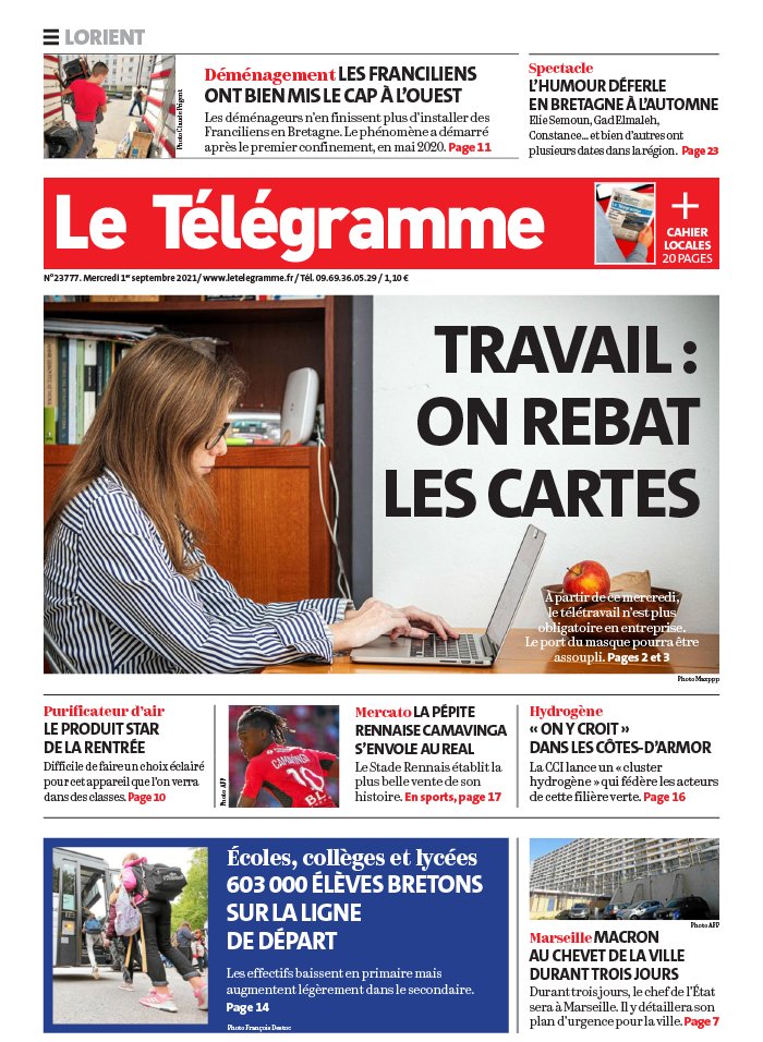 Le Télégramme N°20210901 du 01 septembre 2021 à télécharger sur iPad