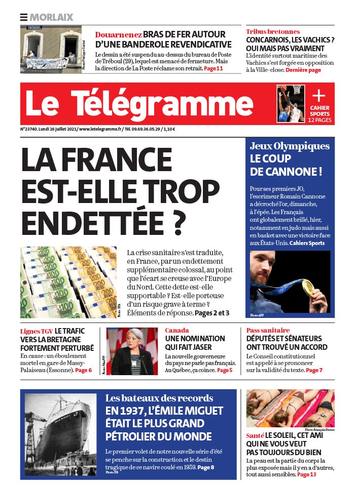 Le Télégramme N°20210726 du 26 juillet 2021 à télécharger sur iPad
