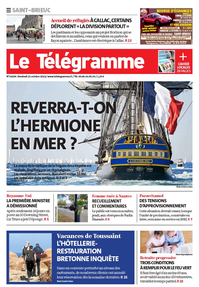 Le Télégramme N°20221021 du 21 octobre 2022 à télécharger sur iPad