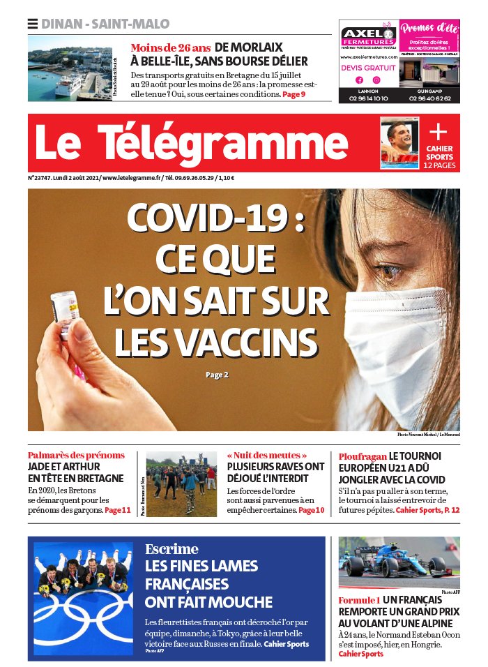 Le Télégramme N°20210802 du 02 août 2021 à télécharger sur iPad