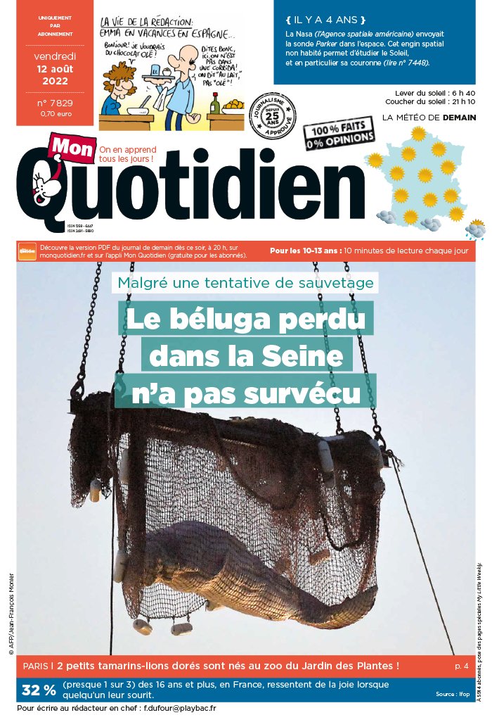 Mon Quotidien N°7829 du 12 août 2022 à télécharger sur iPad