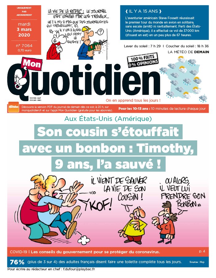 Mon Quotidien N°7064 du 03 mars 2020 à télécharger sur iPad