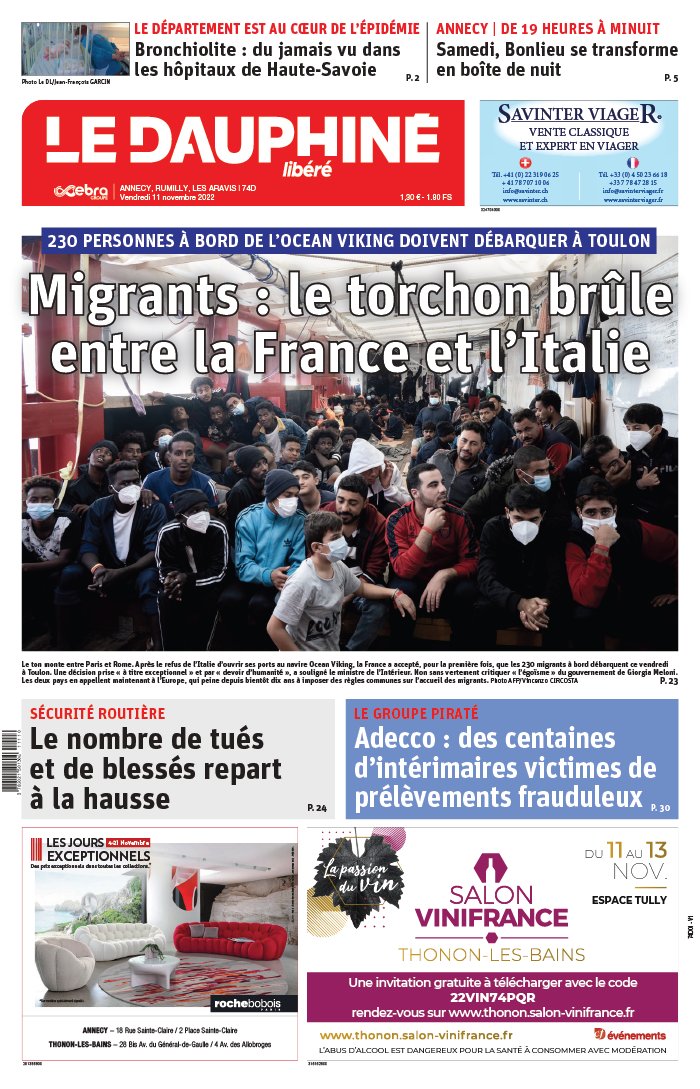 Le Dauphiné Libéré N°20221111 du 11 novembre 2022 à télécharger sur iPad