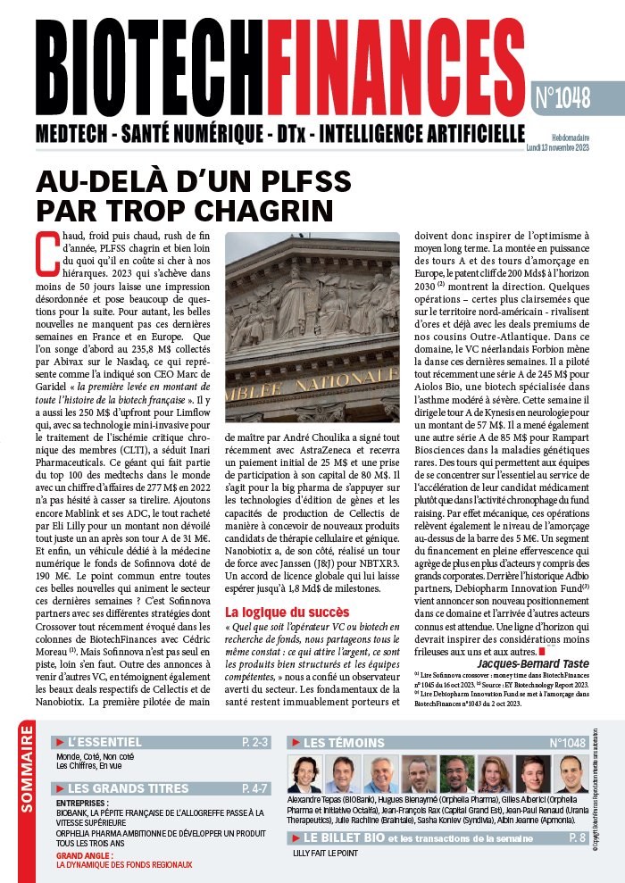 Biotech Finances N°1048 du 27 novembre 2023 à télécharger sur iPad