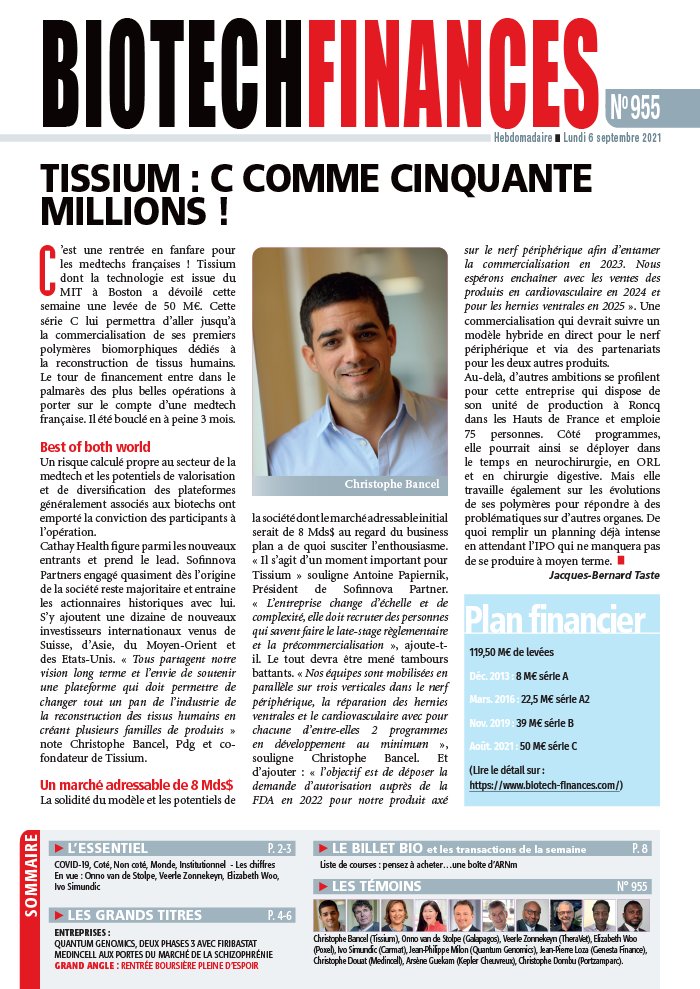 Biotech Finances N°955 du 20 septembre 2021 à télécharger sur iPad