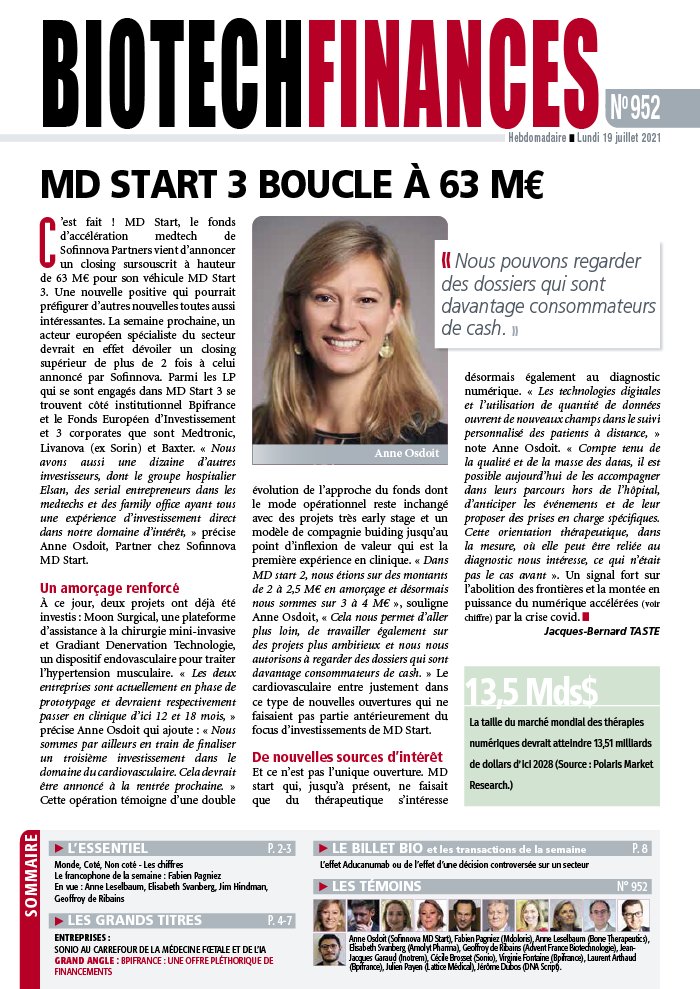 Biotech Finances N°952 du 02 août 2021 à télécharger sur iPad