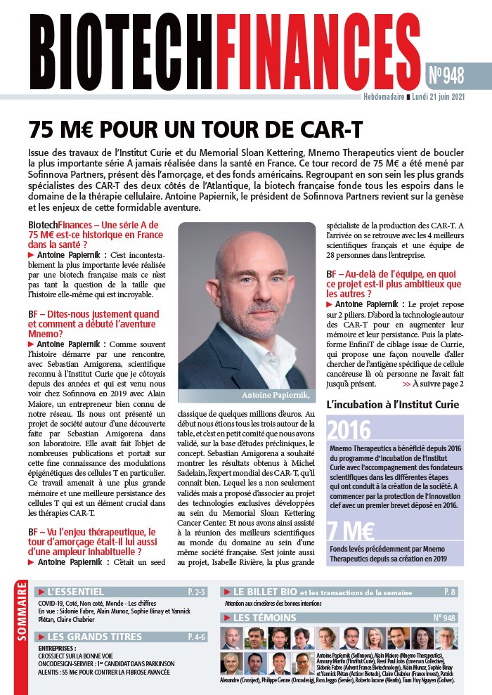 Biotech Finances N°948 du 05 juillet 2021 à télécharger sur iPad