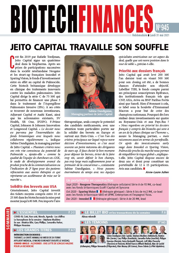 Biotech Finances N°945 du 14 juin 2021 à télécharger sur iPad