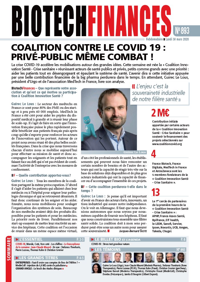 Biotech Finances N°893 du 30 mars 2020 à télécharger sur iPad