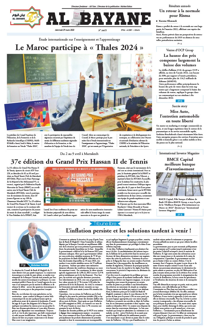 Al Bayane N°14475 du 29 mars 2023 à télécharger sur iPad