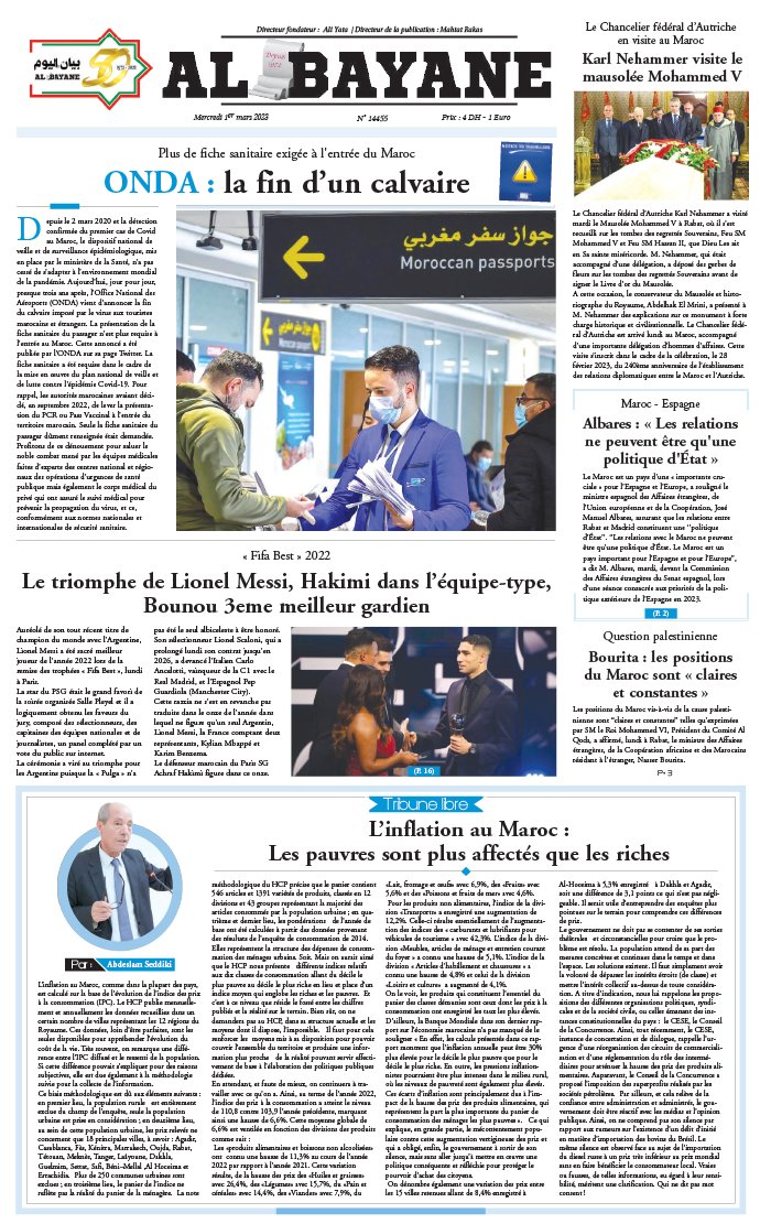Al Bayane N°14455 du 01 mars 2023 à télécharger sur iPad