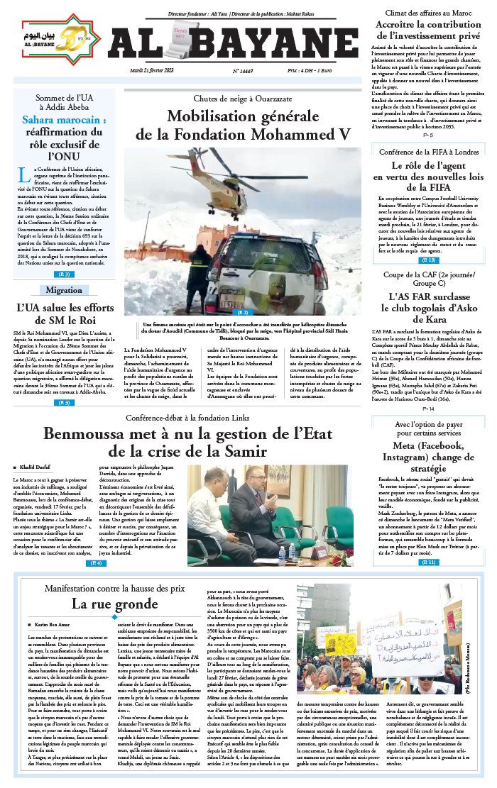 Al Bayane N°14449 du 21 février 2023 à télécharger sur iPad